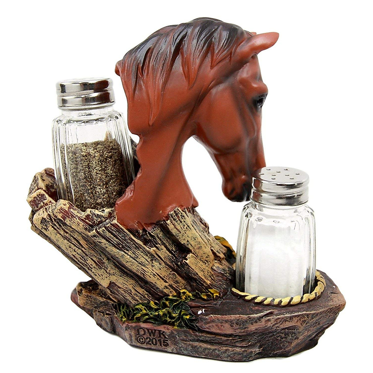 Ebros Country Western Chestnut Brown Stallion Horse By Farm Wagon Wheel Lasso Horseshoes Salt And Pepper Shakers Holder Figurine Set 6.25"High Old Fashioned Rustic Decor Statue (Chestnut Brown)