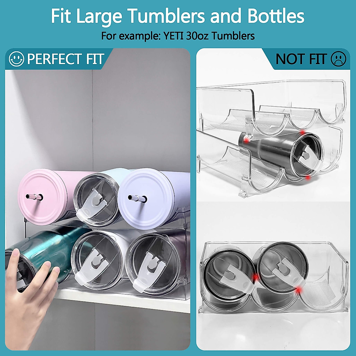 2 Pack Water Bottle Organizer- Large Compartment Stackable Kitchen Organization and Storage Rack, Plastic Water Bottle Holder for Fridge Cupboard Pantry Organizer, Wine Tumbler Mug Cup Organizer