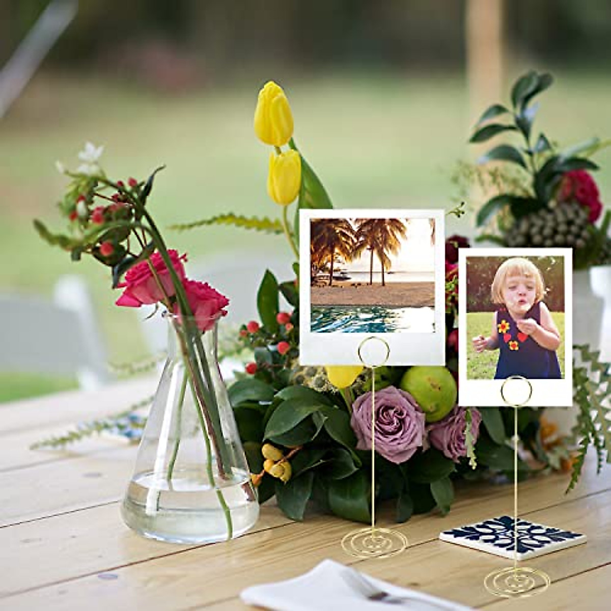KIMOBER 10PCS 8.75" Tall Table Number Holders, Round Place Card Holder,Tabletop Memo Note Stand Picture Photo Picks Card Clips for Wedding Birthday Party(Gold)