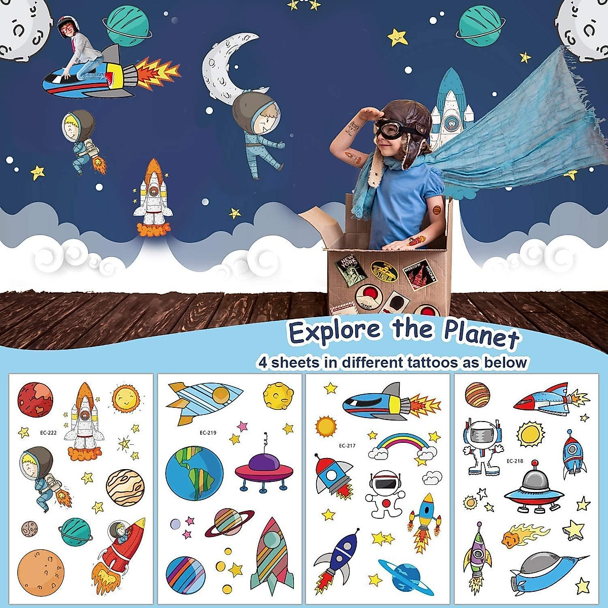 Leesgel 300pcs Temporary Tattoos for Kids, Featured 5 Series of Fake Waterproof Tattoos for Boys Girls- Spaceships, Dinosaurs, Animal Zoos, Mermaids, Pirates. (20 Sheets)