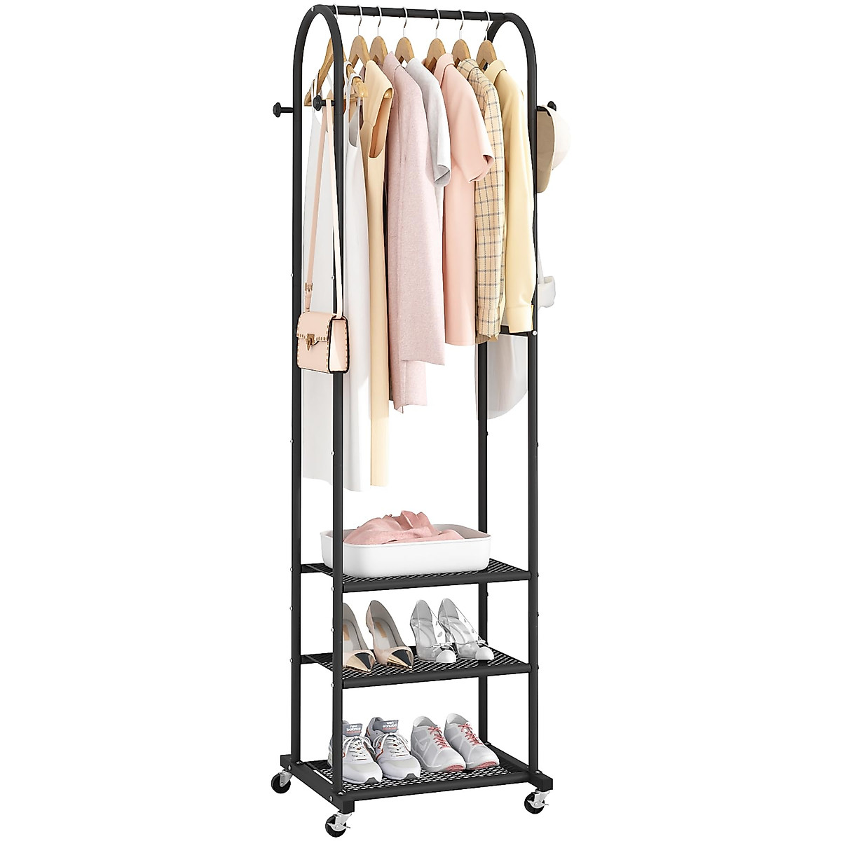 Kaitiemoo Heavy Duty Clothing Rack With Wheels,Modern Garment Rack With 3 Metal Shelves, 71.8Inches Display Rack For Hanging Clothes, Hanging Rod For Small Space,Black