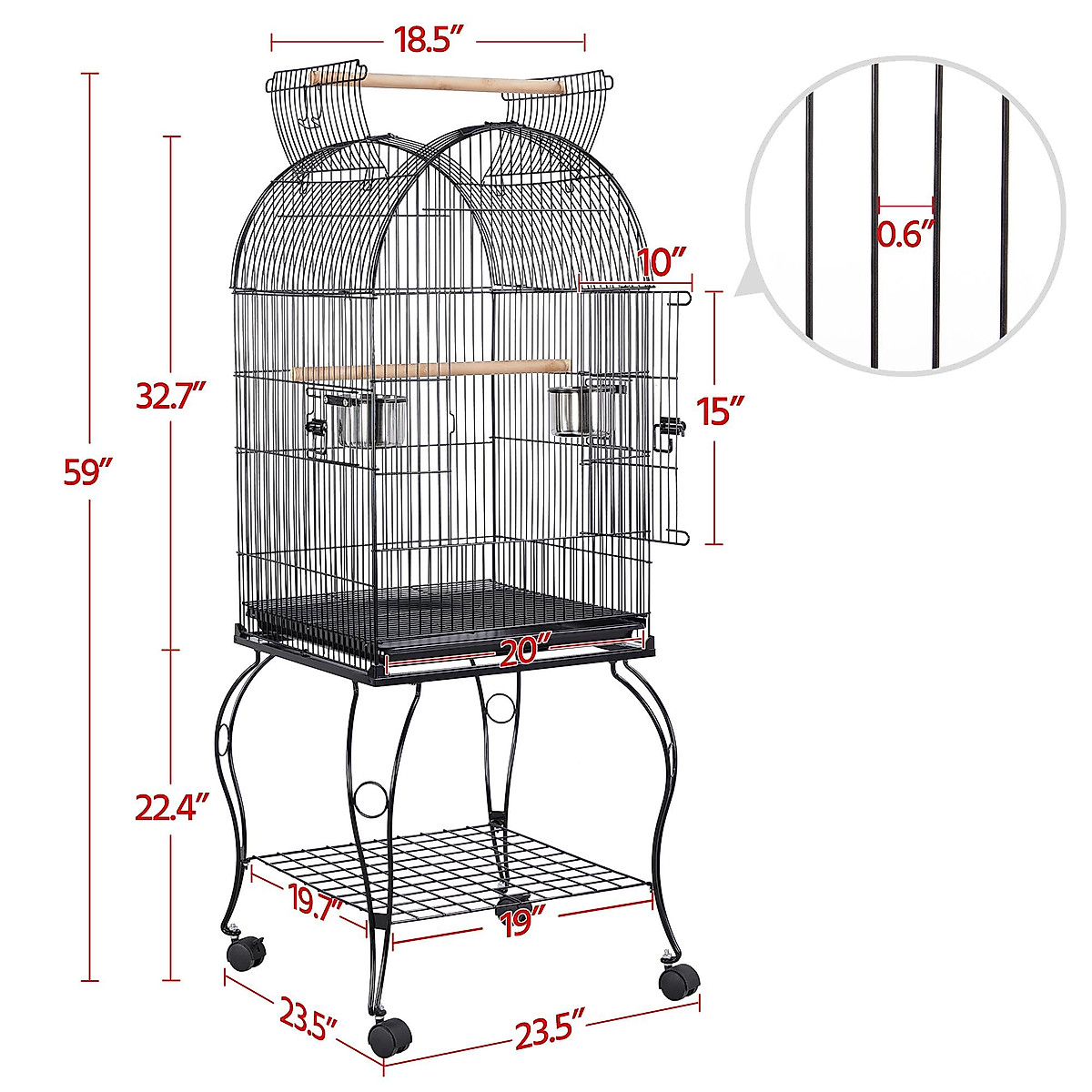 Yaheetech 59-Inch Rolling Standing Medium Dome Open Top Bird Cage for Parrots Cockatiels Sun Conures Parakeets Lovebirds Budgies Finches Canary Pet Bird Cage with Removable Stand