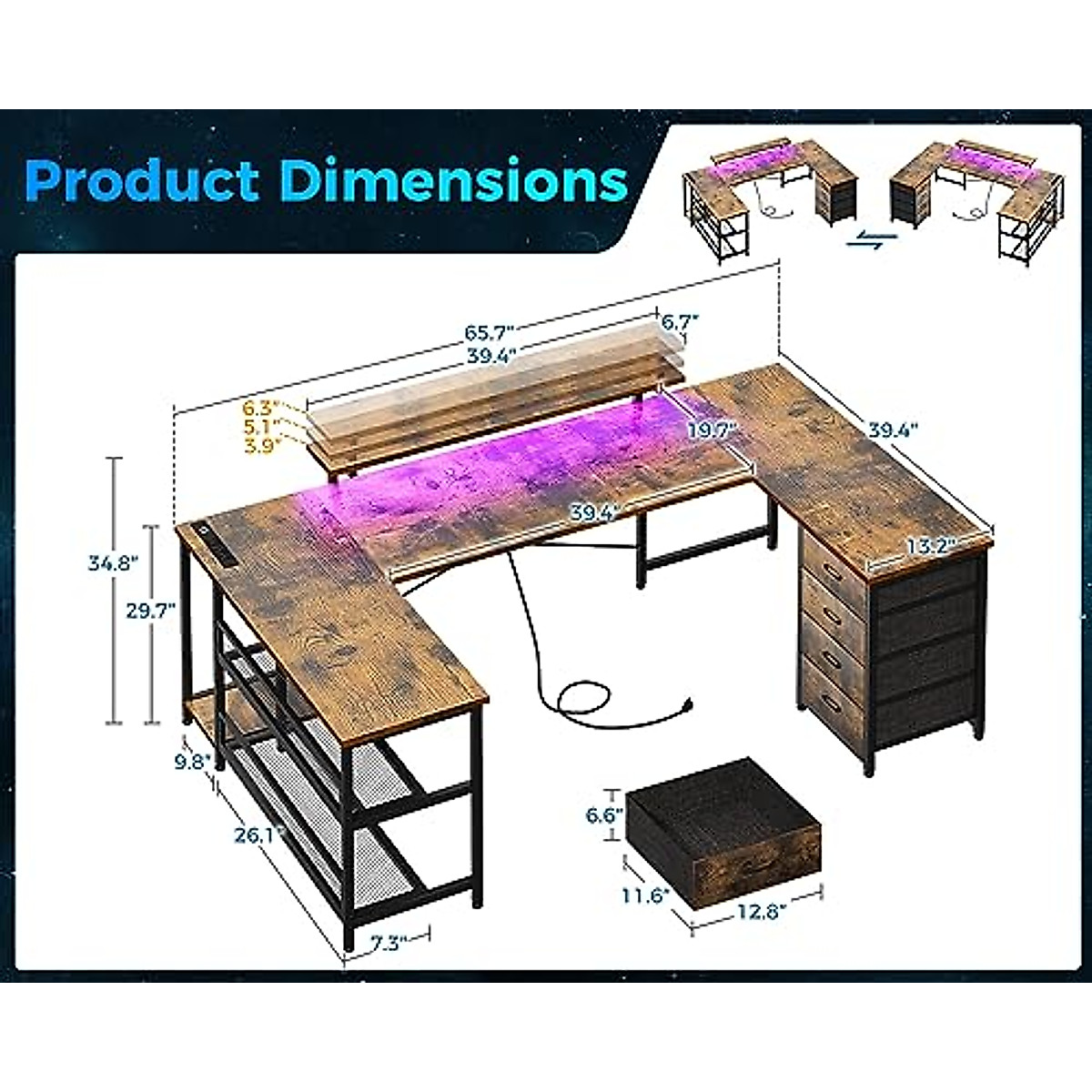 ODK U Shaped Desk with Power Outlets & LED Strip & Monitor Stand, 66" Reversible L Shaped Desk with Drawers and Storage Shelf, Home Office Gaming Desk, Vintage