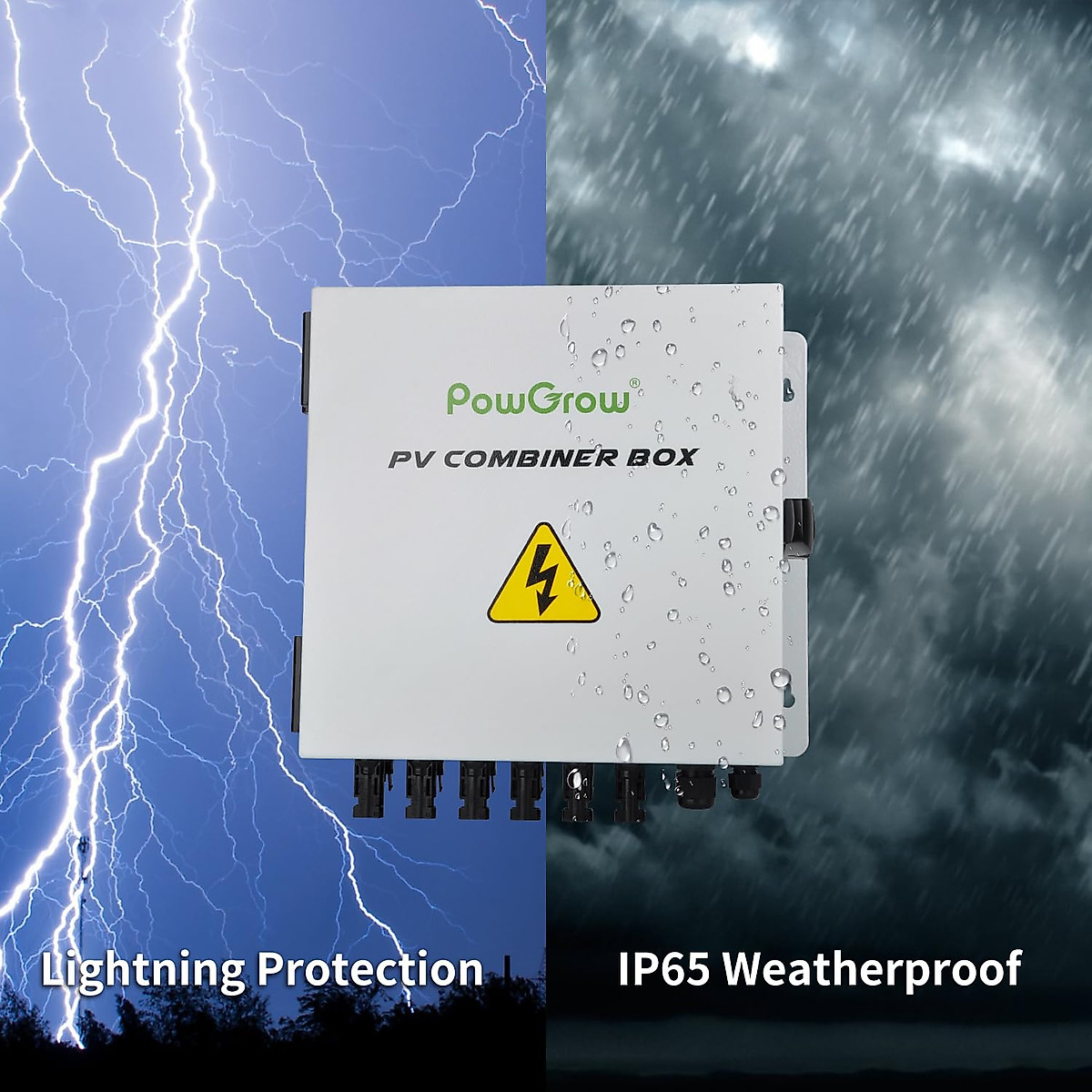 PowGrow PV Combiner Box, 6 String Solar Combiner Box with 15A Rated Current Fuse, Surge Protective Device and 63A Air Circuit Breaker for On/Off Grid Solar Panel System, Pre-Wired Cable, Metal Box