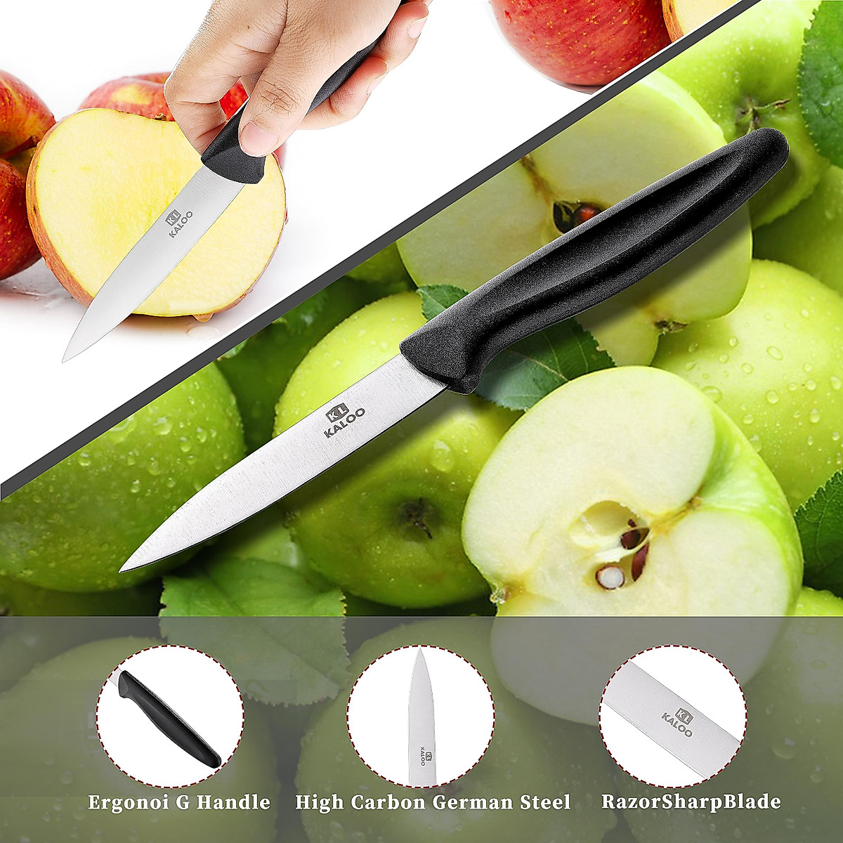 Paring Knife, Kaloo 3.7 inch Small Fruit Knife with Straight Edge, Razor Sharp Kitchen knife, Peeling and Vegetable Knife, German Stainless Steel Pearing Knife with Ergonomic Handle (Black)
