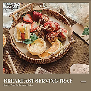 ORYOUGO Hand Woven Rattan Serving Tray Decorative Round Rattan Storage Plate with Handles Rustic Breakfast Fruit Snack Coffee Tea Baskets, L