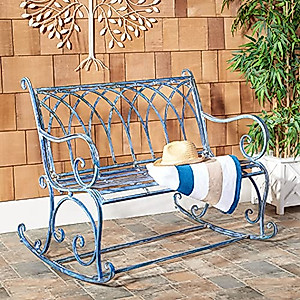 Safavieh Outdoor Collection Ressi Victorian Antique Patio Porch Entryway Backyard Rock Bench PAT5021C, Mossy Blue