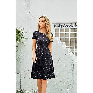 MicroStar dresses for women 2023 Slim Short Sleeve Round Neck A Line Fit and Flare Knee Length Sun Dress Black Polka Dot