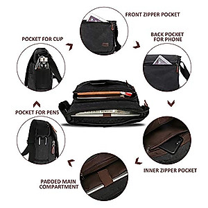 Modoker Messenger Bag for Men Women, 13 Inches Laptop Satchel Bags, Canvas Shoulder Bag with Bottle Pocket, Black