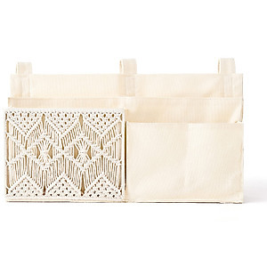 Mkono Bedside Caddy Hanging Organizer, Bunk Woven 7 Pockets Bed Storage Bag Boho Remote Magazine Books Holder with Macrame for Loft Bed College Dorm Bedroom Baby Bed Rails, Ivory
