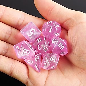 DND Dice Pink Transparent Dice with Color Changing Glitter for Dungeons and Dragons Role Playing Game,D&D,MTG,Pathfinder Dice Set with Dice Pouch(Sickle Handwriting)