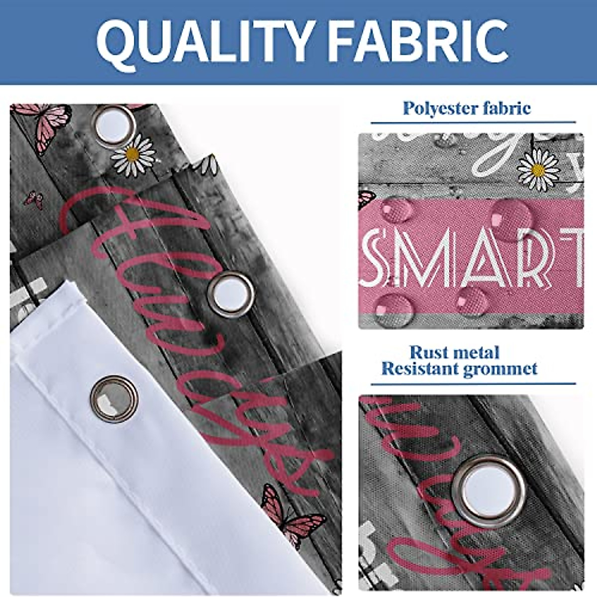 AAtter 4 Piece Pink and Grey Shower Curtain Set Inspirational Quotes Girls Kids Motivational Women 60Wx72L Curtains Decor with Non-Slip Rugs, Toilet Lid Cover and Bath Mat Bathroom Accessories, Rustic