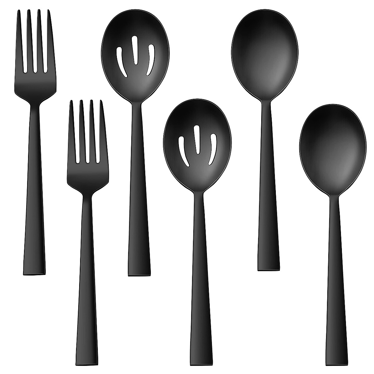E-far Matte Black Serving Utensils Set of 6, Stainless Steel 8.7 Inch Hostess Serving Set with Square Edge, Metal Serving Slotted Spoons Forks for Party Buffet Catering