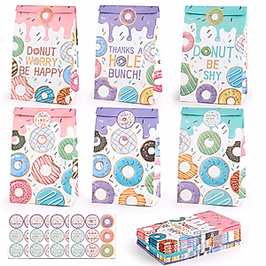 30 PCS Donut Party Favor Candy Bags with 36 Stickers, Sweet one two Birthday Party Decorations, Donut Candy Goodie Bags for Girls Kids Birthday Party, Baby Shower, Weddings, Valentines, Halloween
