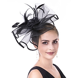 Lucky Leaf Girl Lady Hat Headwear Organza Church Feather Clip Fascinators Hat Wedding Party Kentucky Derby Cap for Women(L-Flowers-Black)