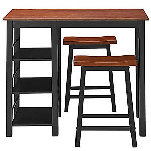 Giantex 3 Piece Dining Set, Entirely Wood Counter Height Table Set with 2 Chair and 3-Tier Storage Shelves, Small Kitchen Table Set with Rubber Wood Frame, Breakfast Table for Small Space, Apartment