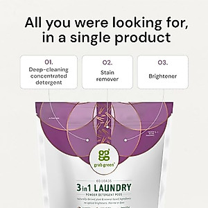 Grab Green 3-in-1 Laundry Detergent Pods, 60 Count, Fragrance Free, Plant and Mineral Based, Superior Cleaning Power, Stain Remover, Brightens Clothes