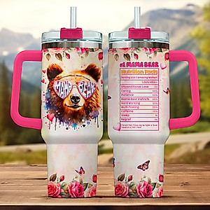 Mama Bear Rose Floral Color, Tumbler 40 Oz With Handle Lid And Straw, Cup Be Mommy Camelia For Nutrition Flower Funny Mother Day Quartz Handle Eleven Red, Mama Bear Gifts