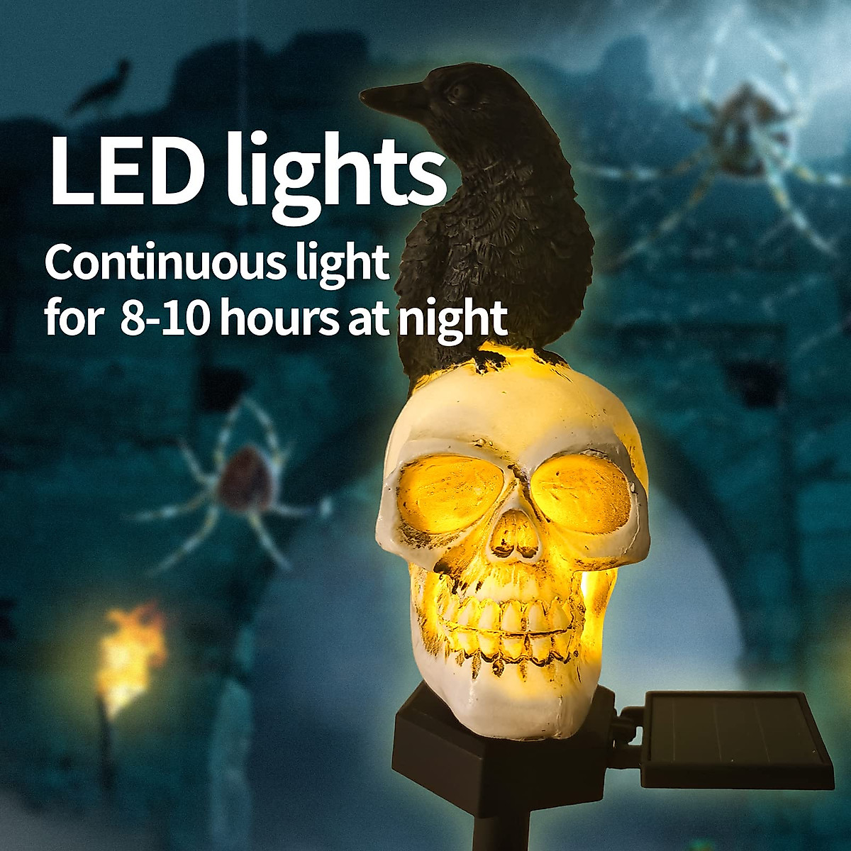 QH Garden Halloween Outdoor Decoration - Solar Lights, Waterproof Ghost & Skull Lights with Black Crow, Skeleton Stakes with LED, Stunning Decorations