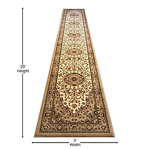 Flash Furniture Mersin Collection Persian Style Area Rug - Olefin Ivory Non-Shedding Fibers - 3' x 20' - Jute Backing - for Hallway, Entryway, Bedroom, Living Room
