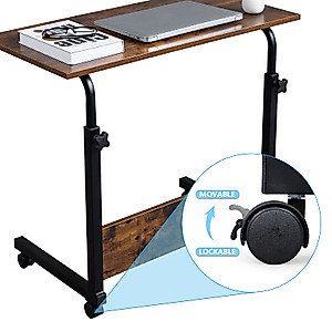 Karl home Mobile Side Table 31.5 Inch Computer Desk with Wheels Height Adjustable Rolling Potable Laptop Cart, C-Shaped Bed Couch End Tables with Edge Stopper for Livingroom Bedroom, Rustic Brown