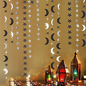 Cheerland New Years Eve Party Decoration Black Silver Crescent Moon Star Garlands for Halloween Birthday Decorations Hanging Twinkle Star Garlands for Bday Wedding EID Graduation Ramadan NYE Supplies