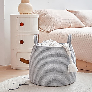R RUNKA Nursery Laundry Basket | Kids Hamper for Blankets, Pillows,Toys (15"x 13")| Baby Toy Basket | Nursery Storage for Boho Room Decor | Ideal Gift for Baby Showers| Grey