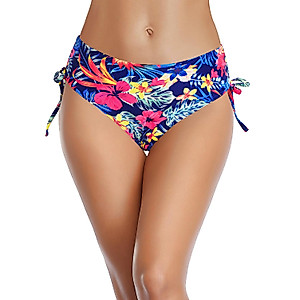 Tempt Me Women Blue Floral Bikini Bottoms Side Tie Adjustable Bathing Suit Swimsuit Full Coverage Swim Bottom M
