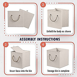 Ornavo Home Foldable Collapsible Storage Box Bins Linen Fabric Shelf Basket Cube Organizer with Rope Handles - Set of 6 - 13 x 13 x 13 - Beige
