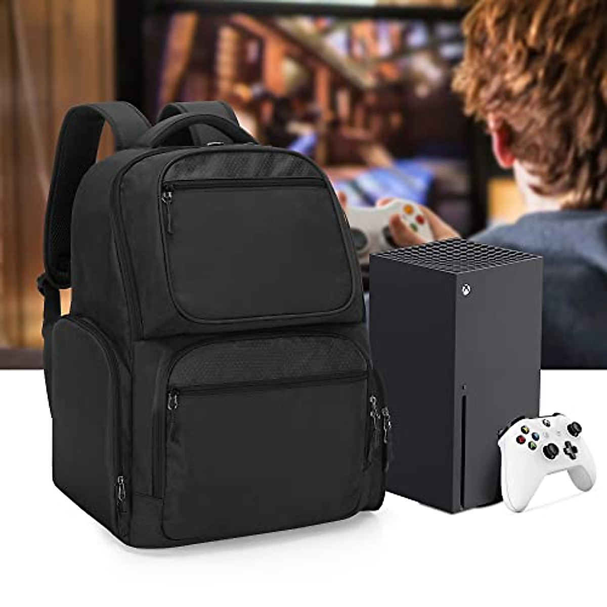 Trunab Travel Backpack Compatible with Xbox Series X Carrying Case Game Storage Bag with 2 Inner Spaces for Xbox X/S Console, Multiple Pockets for 15.6” Laptop and Other Gaming Accessories, Black(Patent Design)