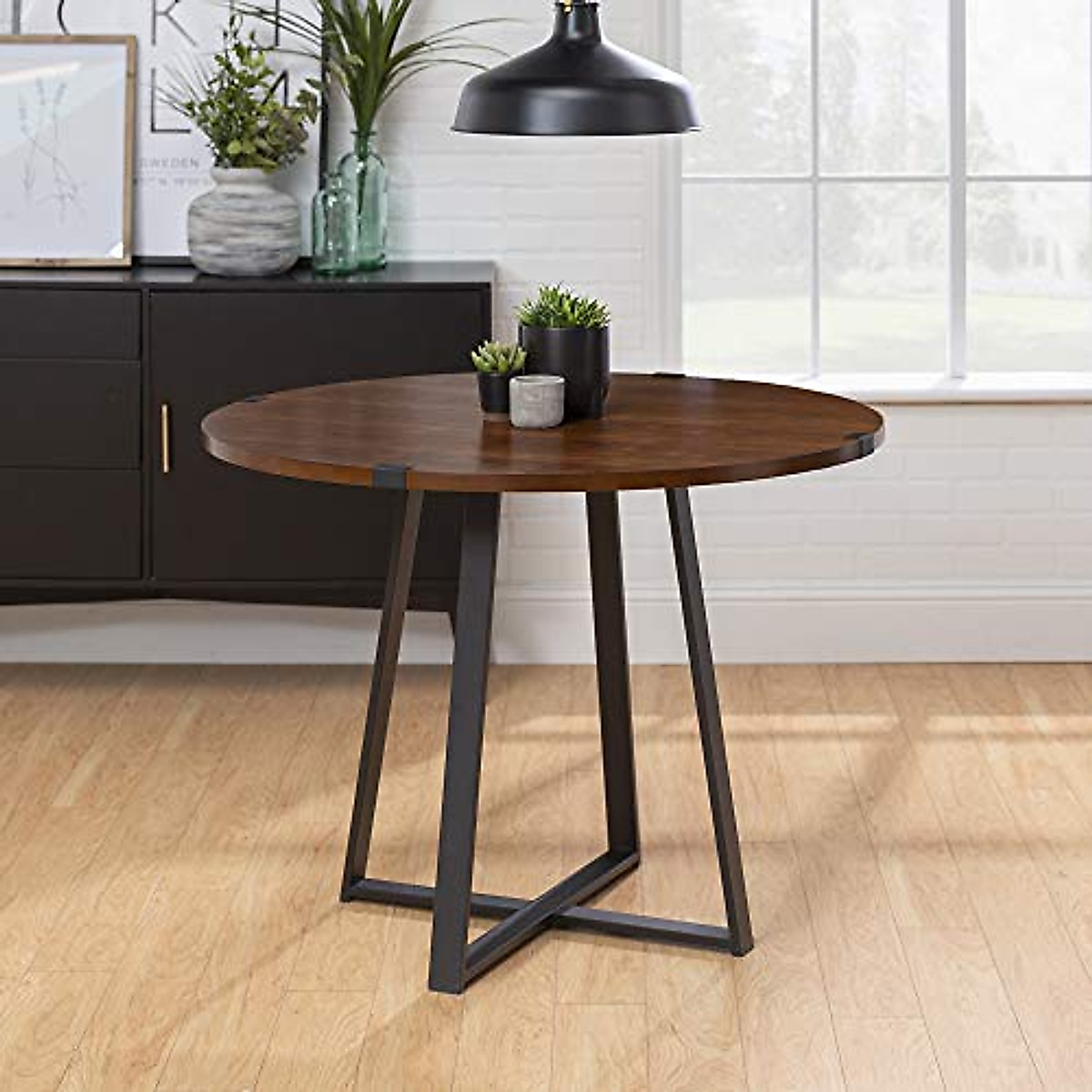 Walker Edison 4 Person Round Industrial Modern Wood Small Dining Table Dining Room Kitchen Table Set Dining Chairs Set, 40 Inch, Dark Walnut and Black