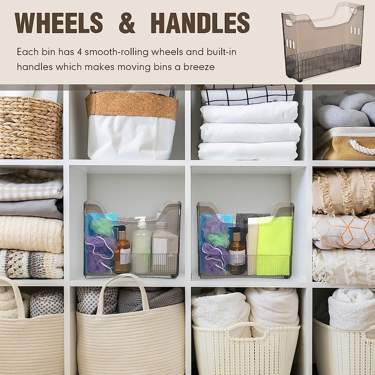 Baderke 4 Pcs Freezer Organizer Bins with Wheel Gray Plastic Narrow Storage Containers for Fruit (10 x 13.3 x 3.5'')