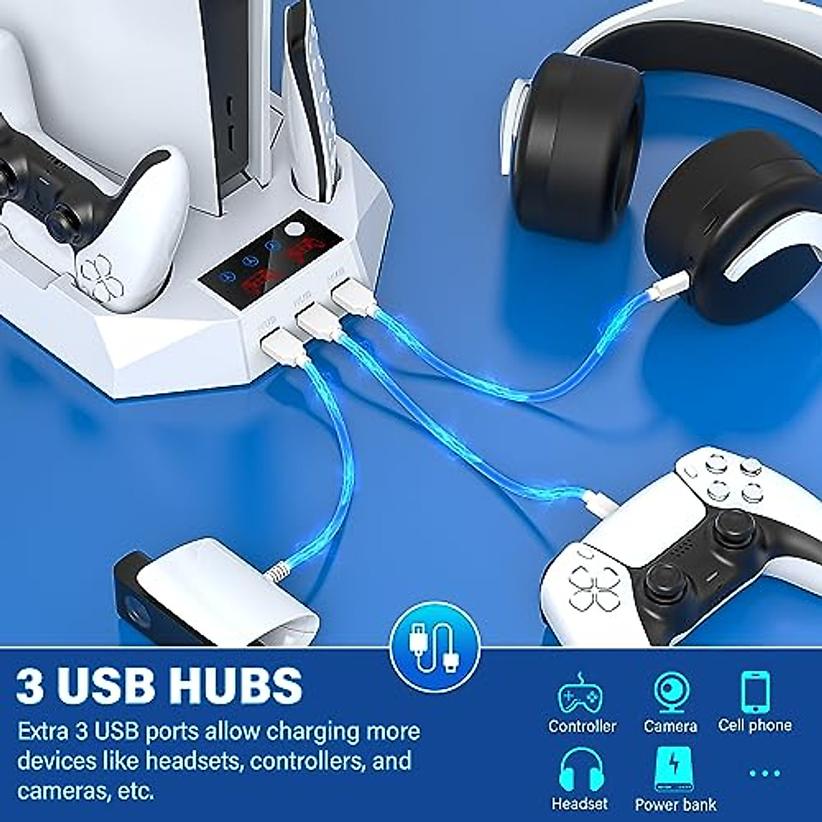 DBEPANK Stand and Cooling Station with Dual Controller Charging Station for PS5 Vertical Stand with Headset Holder for PS5 Accessories for Playstation 5 Console Cooling Fan Stand White