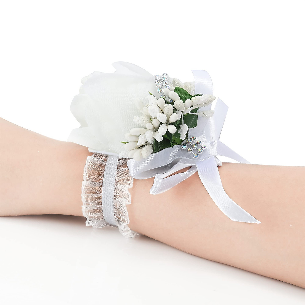 Febou Wrist Corsage 4 Packs Wedding Bridal Wrist Flower Rose Wristband Corsage Flower for Bride Bridesmaid Perfect for Wedding, Prom, Party (4 Packs, Wrist-White)