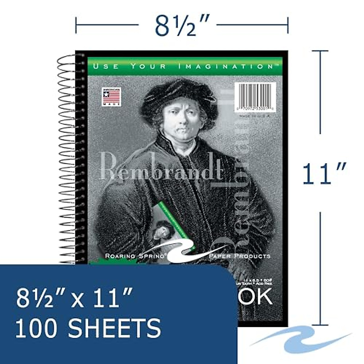 Roaring Spring "Rembrandt" Sketchbook, 11" x 8.5", 100 Sheets of Heavyweight 60 lb. White Drawing Paper, Spiral Bound
