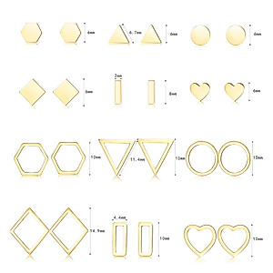 JOERICA Gold Tone Geometric Minimalist Stud Earrings for Women Simple Rhombus Hexagon Triangle Bar Heart Circle Earrings Set