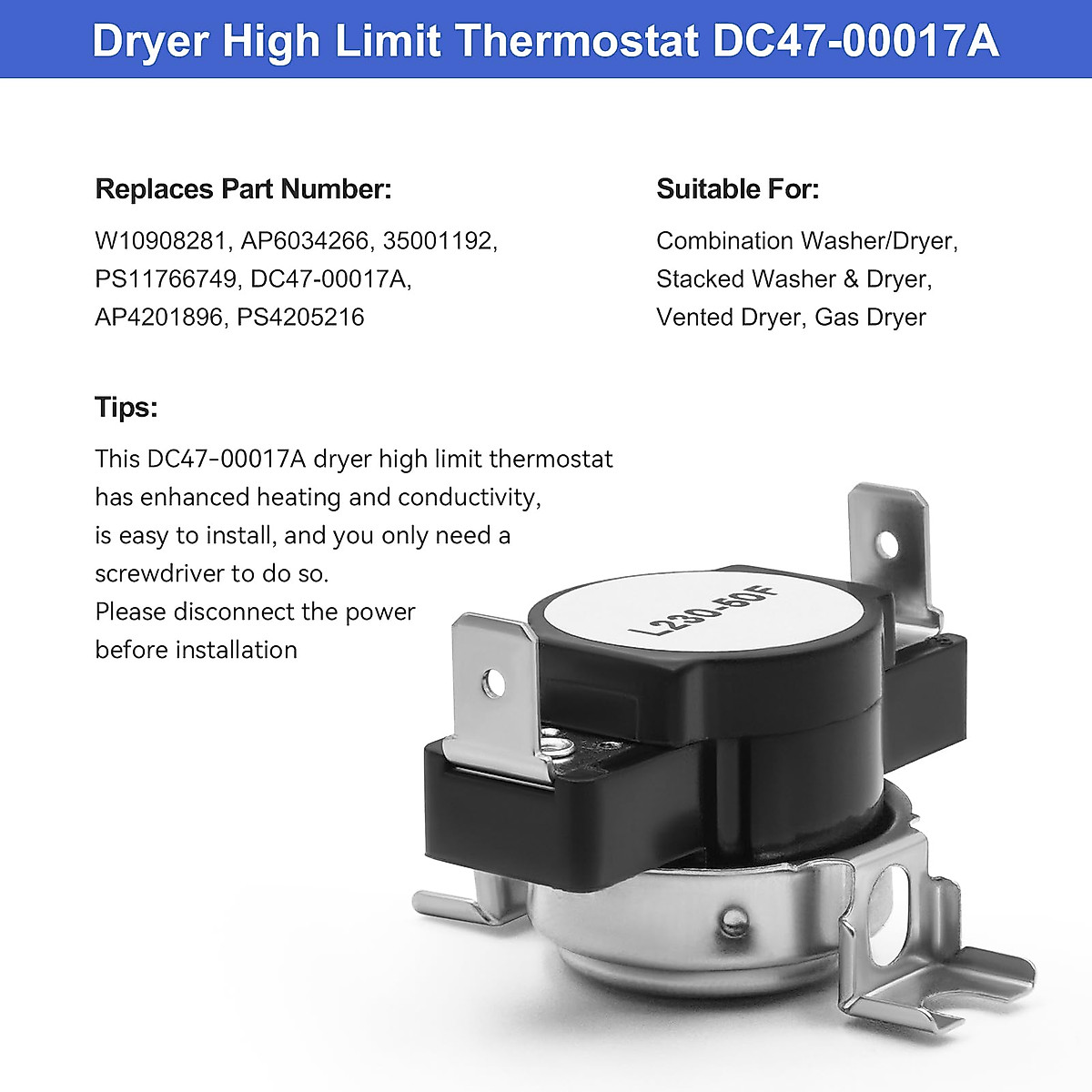 DC47-00017A Dryer High Limit Thermostat for Samsung AP4201896, PS4205216, W10908281, AP6034266, 35001192, PS11766749, DC47-00017A(3 Pack)