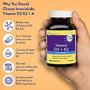 InnovixLabs Vitamin D3 K2 Supplement - 5000 IU D3 with Vitamin K2 MK7 & MK4 - ADK Vitamin Combo for Absorption - K2 D3 Vitamin Supplement - Supports Immune System, Heart & Bones - 60 Capsules
