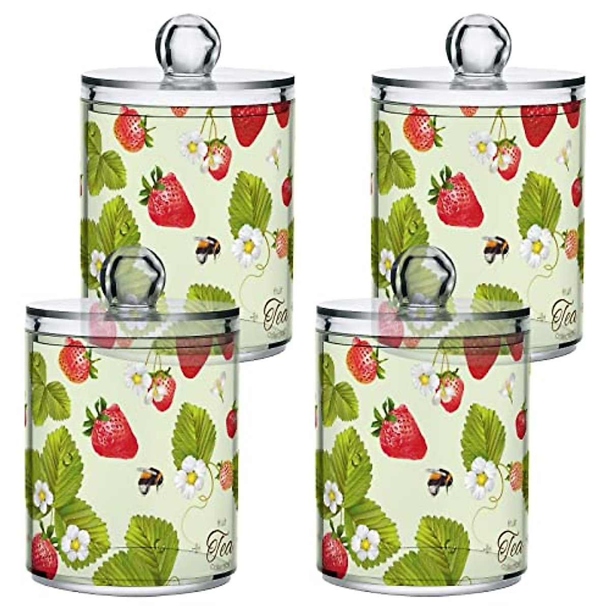 4 Pack Plastic Cotton Swab Ball Pad Holder,Strawberry Leaves with Bee Cotton Pads cans Clear Bathroom Container Organizer Dispenser(227ly4d)