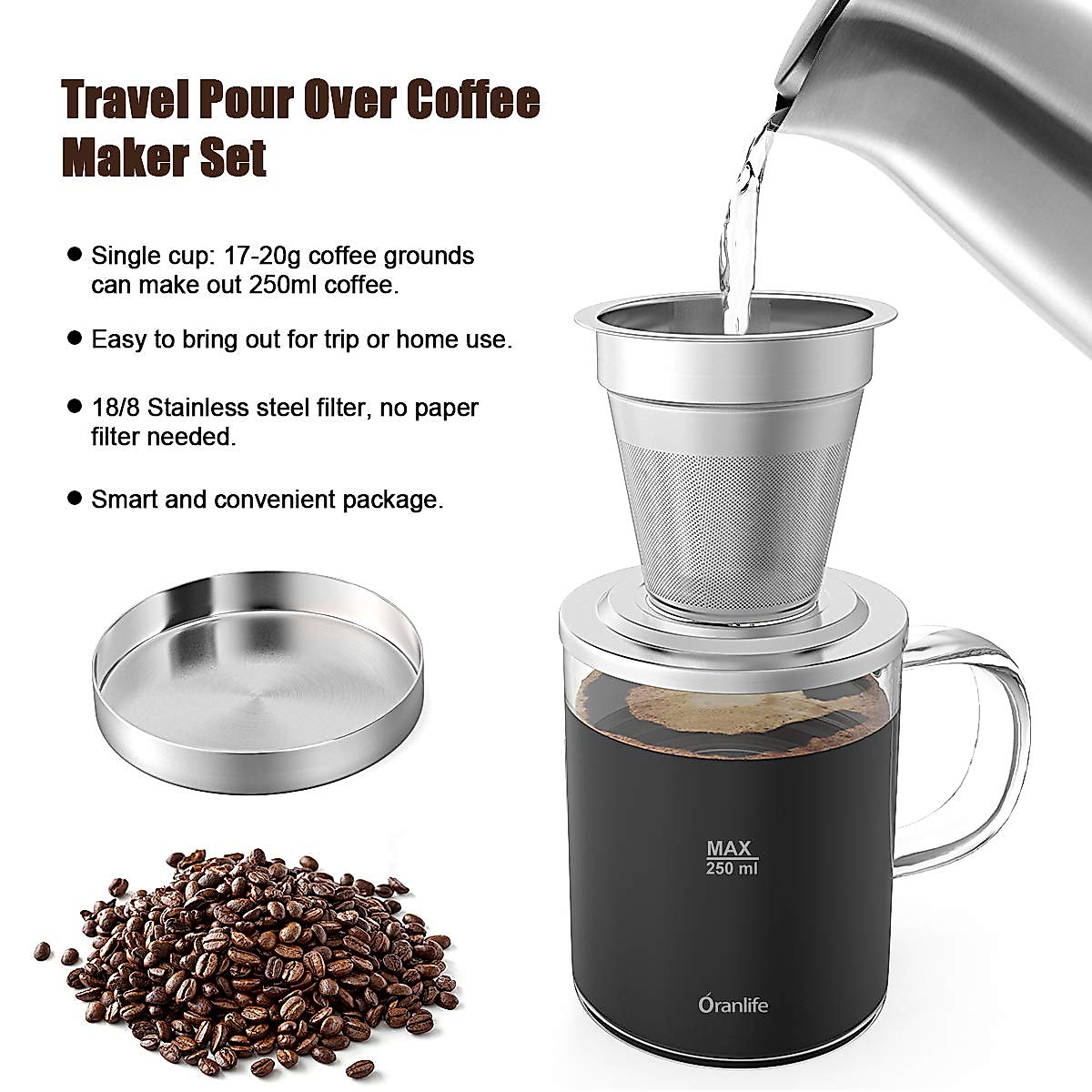 Oranlife Pour Over Coffee Maker Set for Travel/Camping/Hiking, Single Cup, Stainless Steel Coffee Filter, 14 Oz Borosilicate Glass Mug, Extra Permanent Lid and Moulded Neoprene Case, at Home/Office