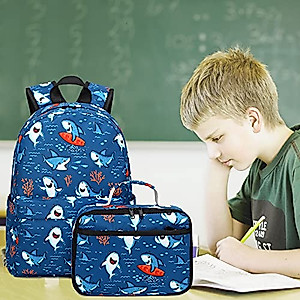 CAMTOP Backpack for Kids, Boys Preschool Backpack with Lunch Box Toddler Kindergarten Shark School Bookbag Set (Y028-2 Shark-Navy Blue)