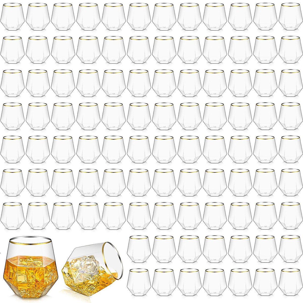Bokon Plastic Stemless Wine Glass Bulk 12 oz Diamond Whiskey Cups Unbreakable Disposable Easy Hold for White or Red Wine, Christmas Party Gift Housewarming Birthday Wedding(Gold Rim, 100 Pack)