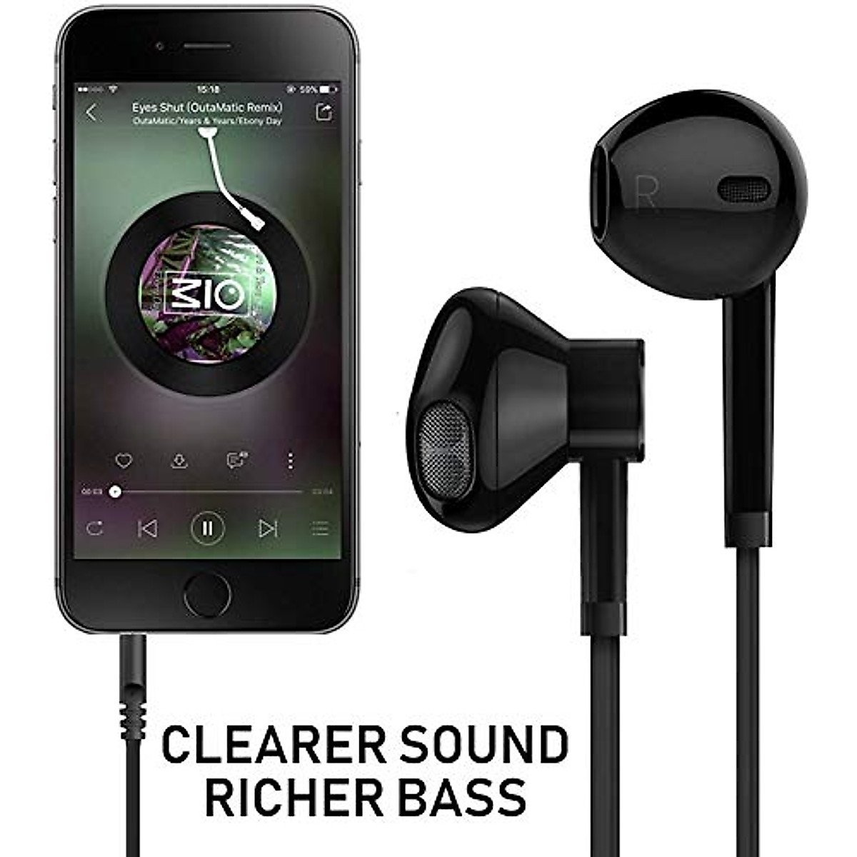 Headphones with Microphone, Boost+ Balanced Bass Driven Earbuds, Microphone Volume Slide Control, Lightweight Earphones with 3.5mm Connector Jack for Laptop/Smartphone/PC, Black