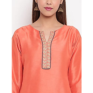 Janasya Indian Women's Peach Poly Silk Kurta with Pant and Dupatta(SET199-KR-NP-S)