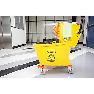 Alpine Industries Mop Bucket & Side Wringer Combo - Heavy Duty & Commercial Janitorial Cart w/Spring Wringer on Wheels for Home & Industrial Cleaning - Commercial Mop Bucket for Business, Yellow