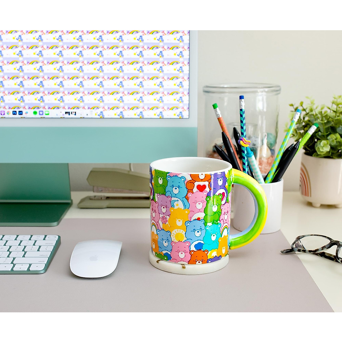 Care Bears Allover Print Ceramic Mug With Rainbow Handle | Large Coffee Cup For Tea, Espresso, Cocoa | Holds 20 Ounces