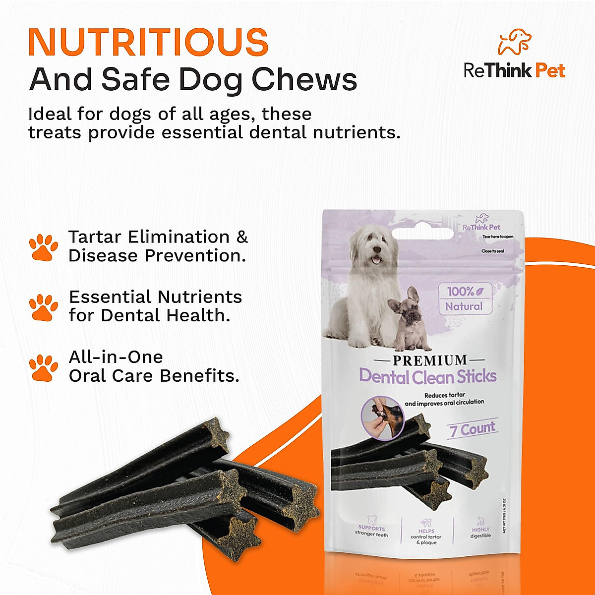 ReThink Pet 7 Pcs Premium Dental Sticks, Dog Teeth Cleaning Chews, Dental Chews Refreshes Dog Breath Dental Treats for Dogs, Dog Teeth Cleaning Treats, Dental Care for Small Dogs, Dental Chews