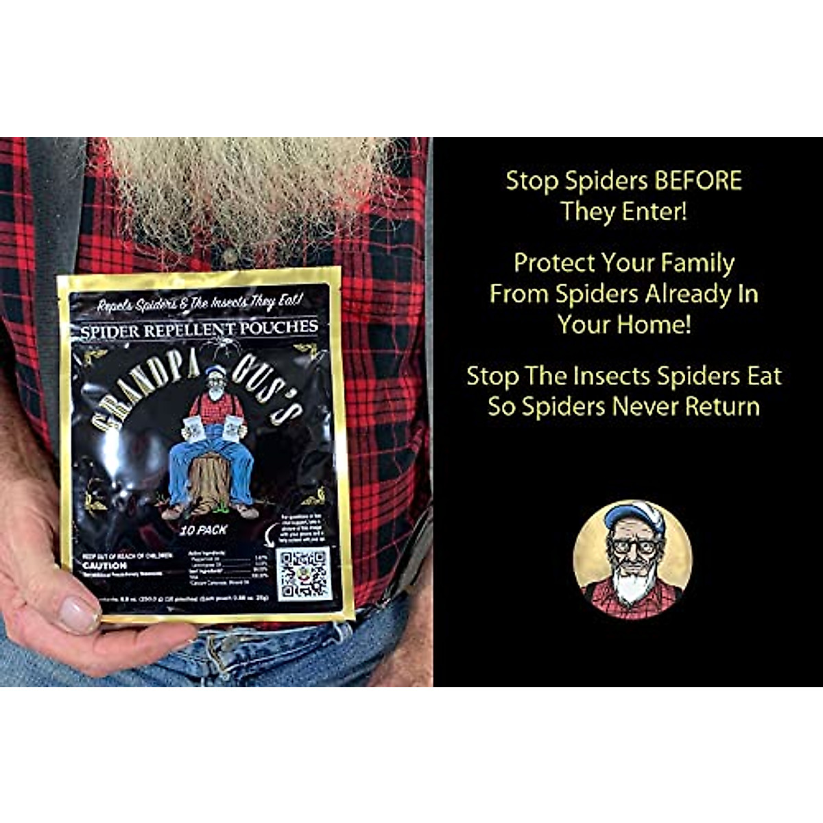 Grandpa Gus's Spider Repellent Pouches, Peppermint and Lemongrass Oil Formula Repels Spiders and The Insects They Eat, Use in Closet, Basement, Cabin, Shed, RV, Garage, 8.8 Oz (0.88 Oz x 10 Pouches)