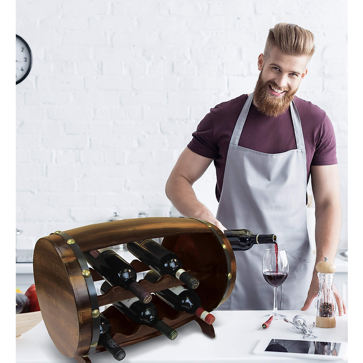 Puzzled Napoleon Wine Rack - Freestanding Wooden Barrel Wine Holder for 10 Wine Bottles, Bottle Rack Floor Stand, Table Top, Rustic Countertop Wine Storage Shelf Organizer for Wine Bar & Home Decor