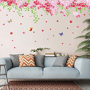 RW-239 Pink Flowers Wall Decals 3D Warm Peach Blossom Wall Stickers DIY Removable Butterfly Cherry Floral Green Tree Leaf Wall Art Decor for Kids Girls Bedroom Living Room Nursery Decoration